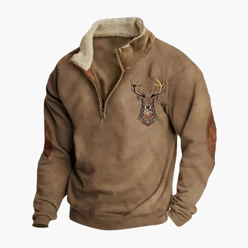 Men's Zip Collar Sweater - Pullover with Embroidered Pattern - Suede ...