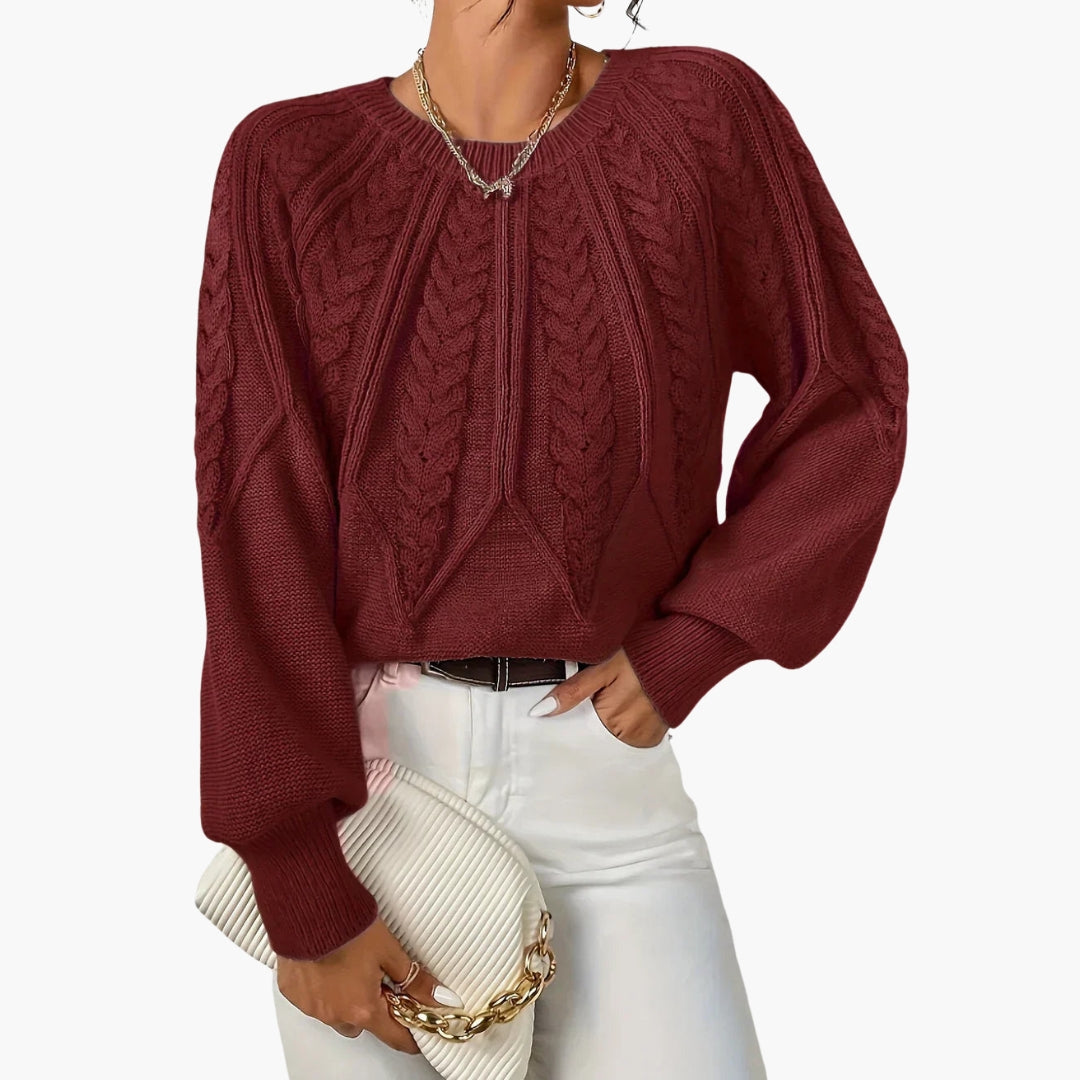 Pull femme manches longues maille torsadée avec col rond - motif câblé ...