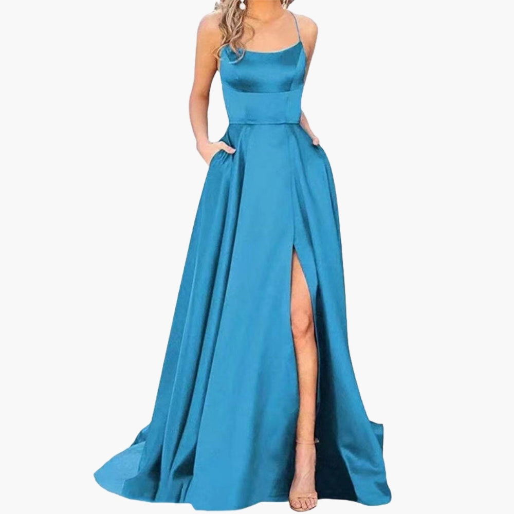 Long women's evening dress - thin straps - round neckline - fitted ...