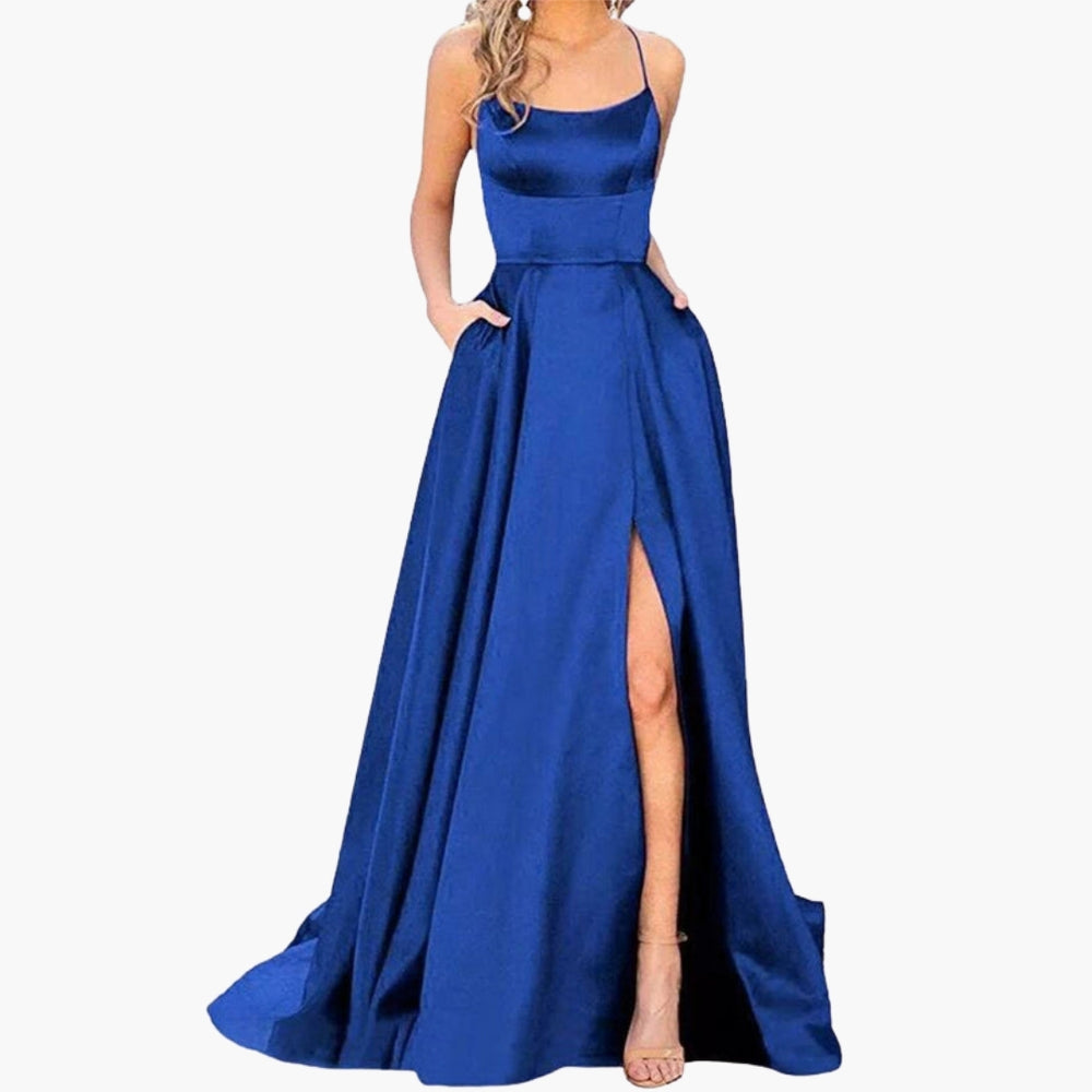 Long women's evening dress - thin straps - round neckline - fitted ...