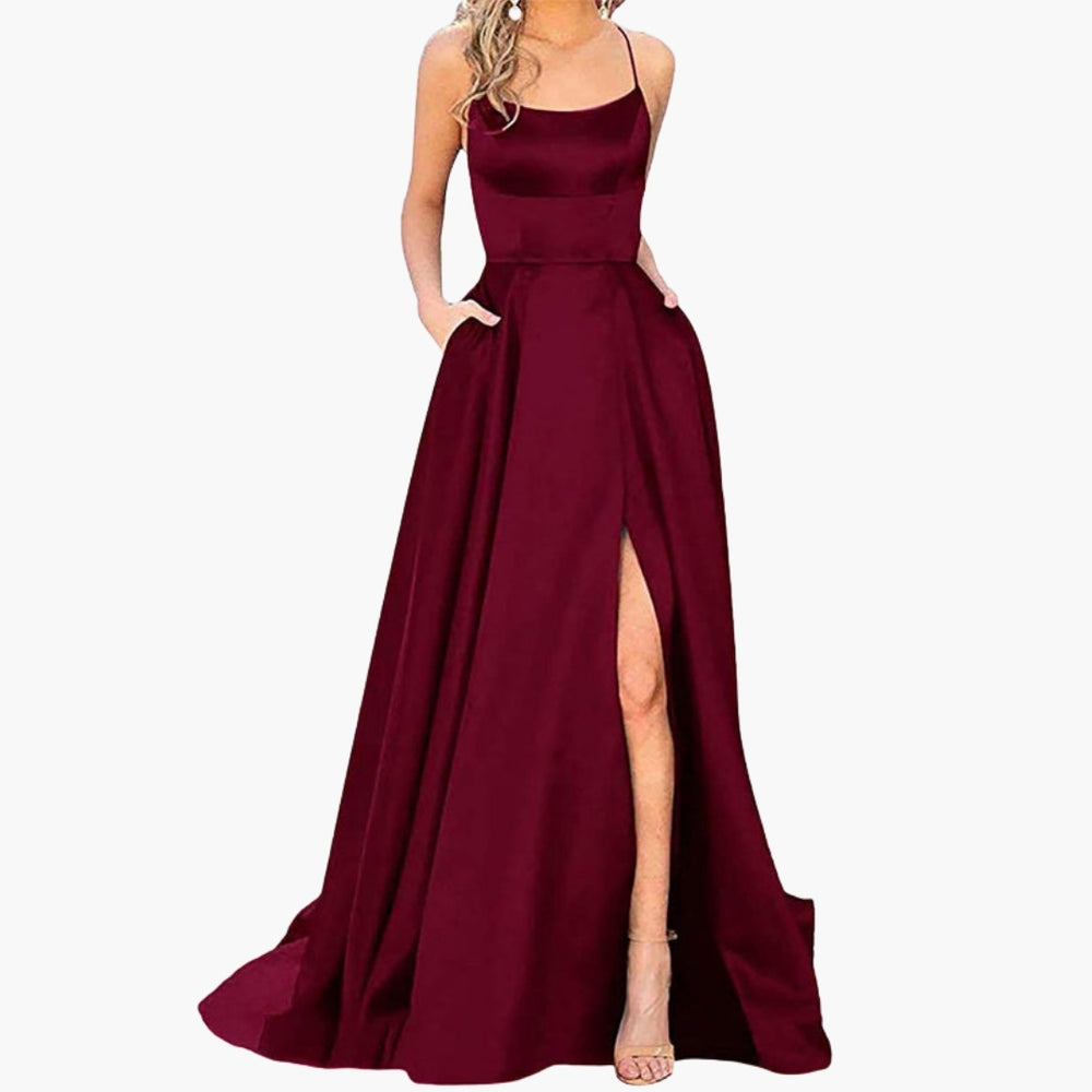 Long women's evening dress - thin straps - round neckline - fitted ...